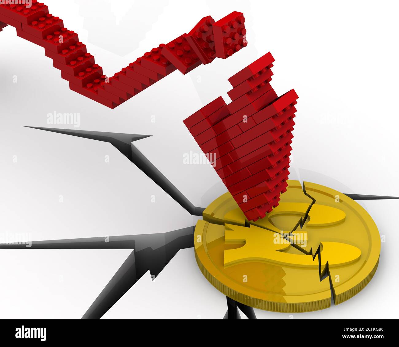 Cracked coin with the symbol of the UK pound sterling and broken red ...