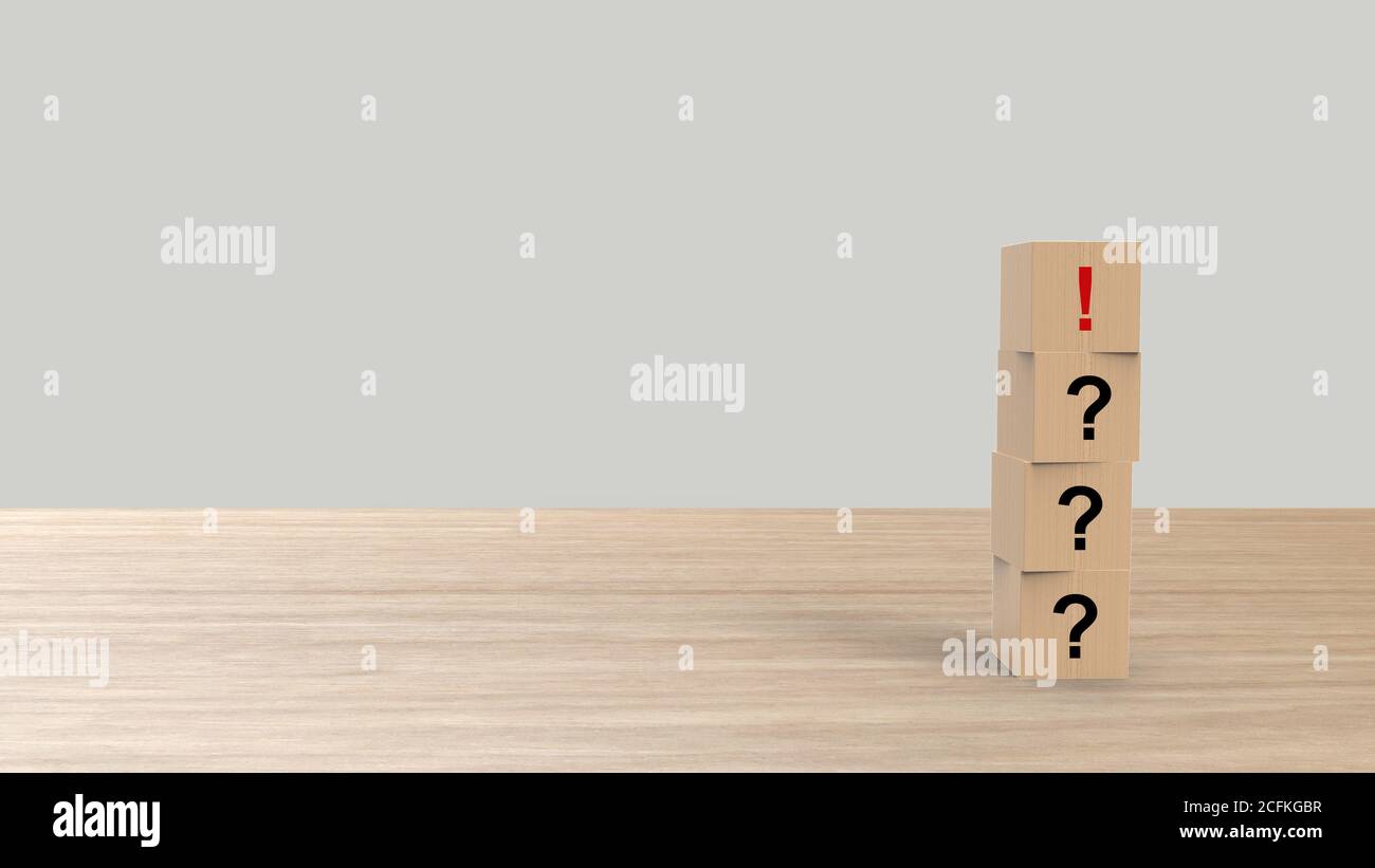red exclamation mark and black question marks symbols word Wooden cubes ...