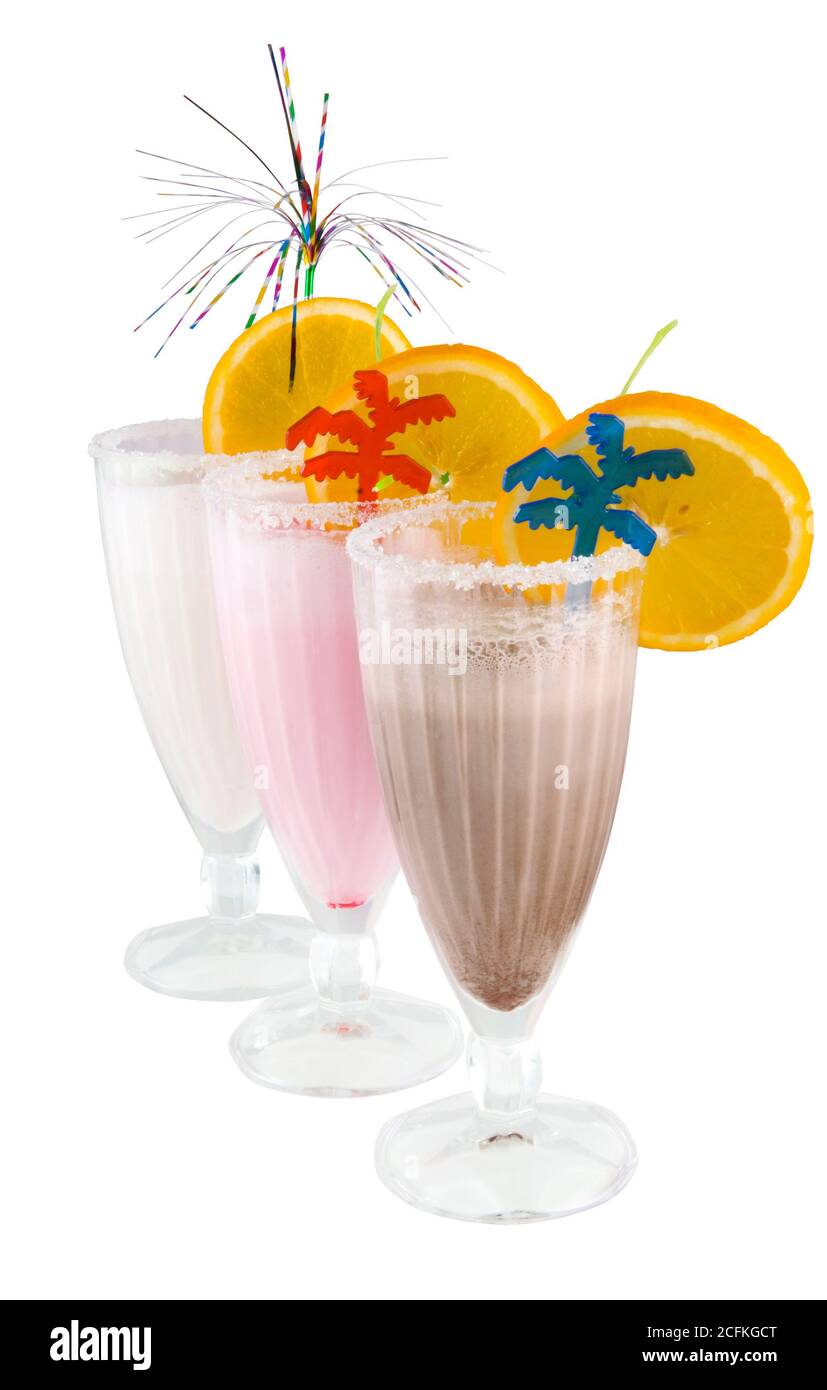 Three Milkshakes with Decorations on White Background Stock Photo - Alamy