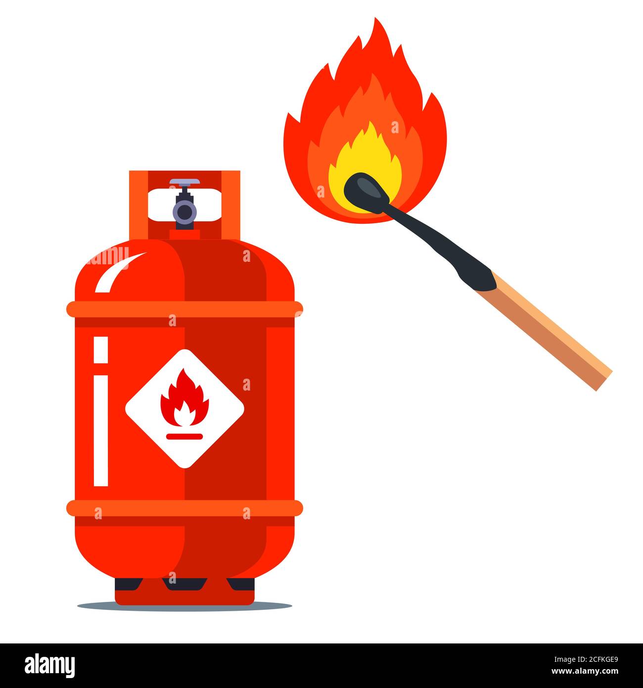 a red gas can next to a burning match. flammable situation. flat vector ...