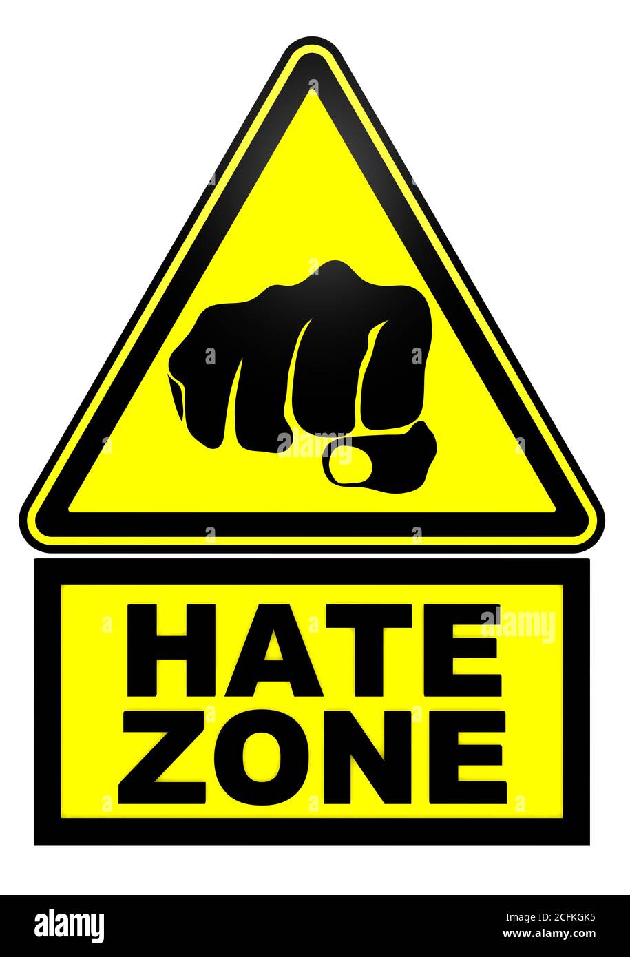 Hate zone. Warning sign with a fist image and text HATE ZONE. 3D ...