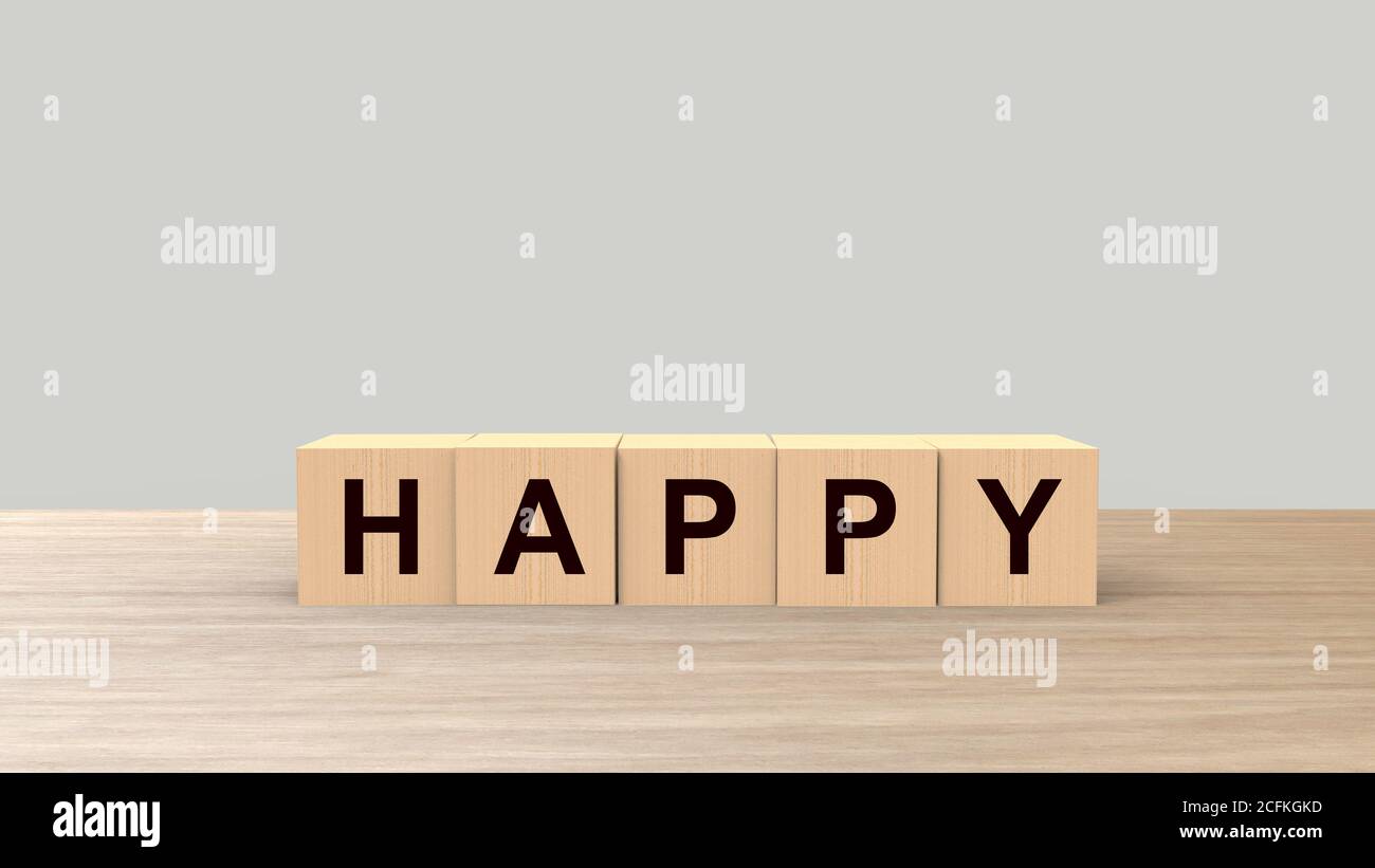 Happy word Wooden cubes on table horizontal over gray light background ...