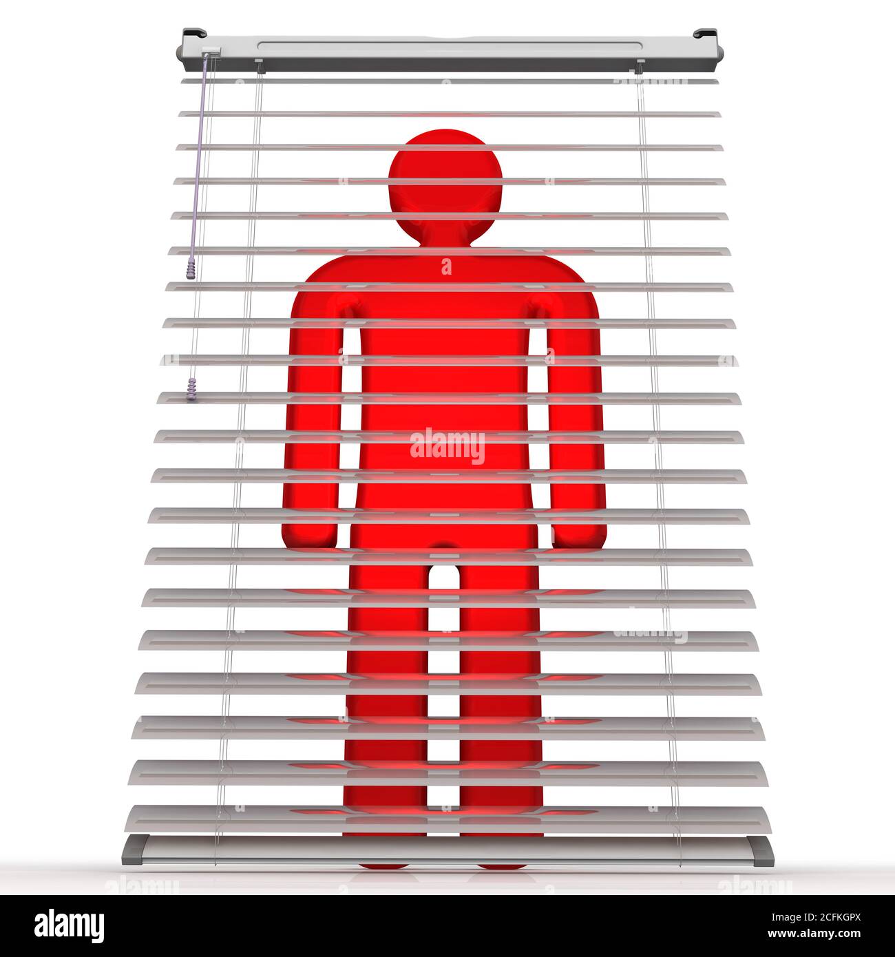 Hidden person. The red symbol of man stands behind ajar blinds ...