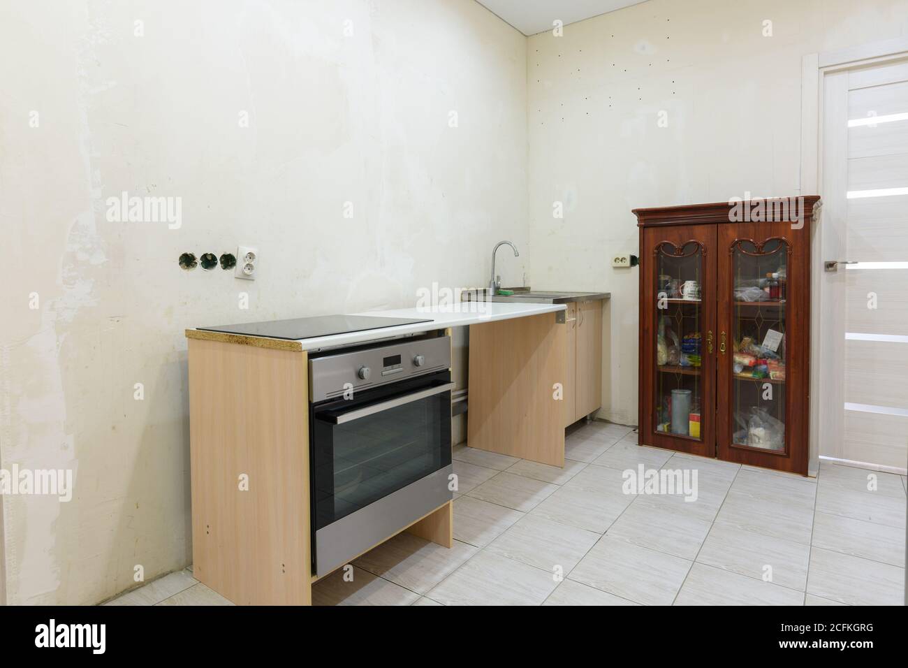 The interior of a budget temporary kitchen, assembled during the ...