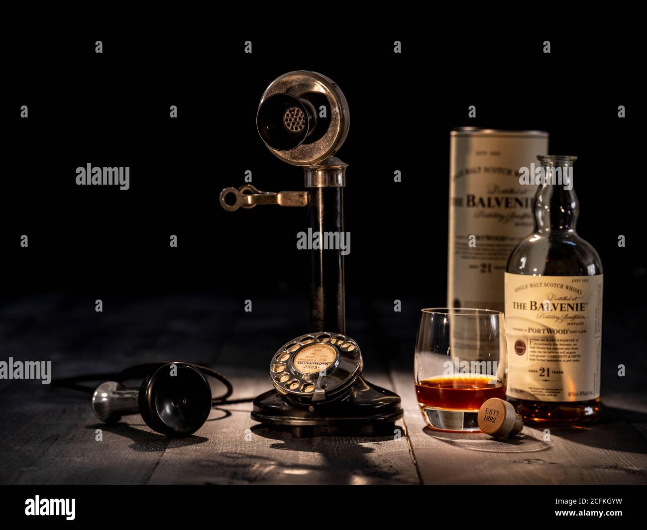 Bottle of Balvenie Malt Whiskey with Balvenie glass and retro vintage ...