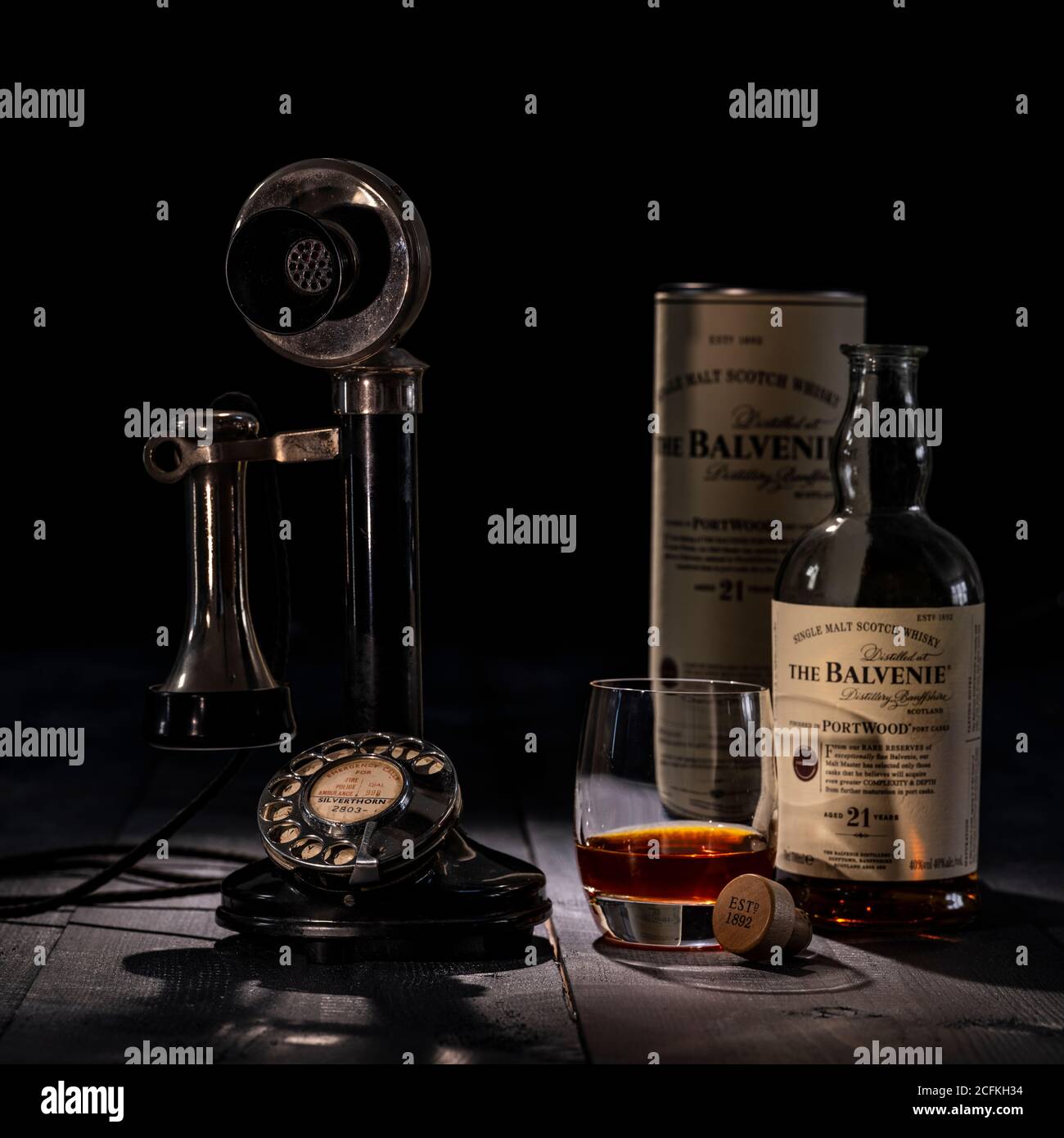 Bottle of Balvenie Malt Whiskey with Balvenie glass and retro vintage ...