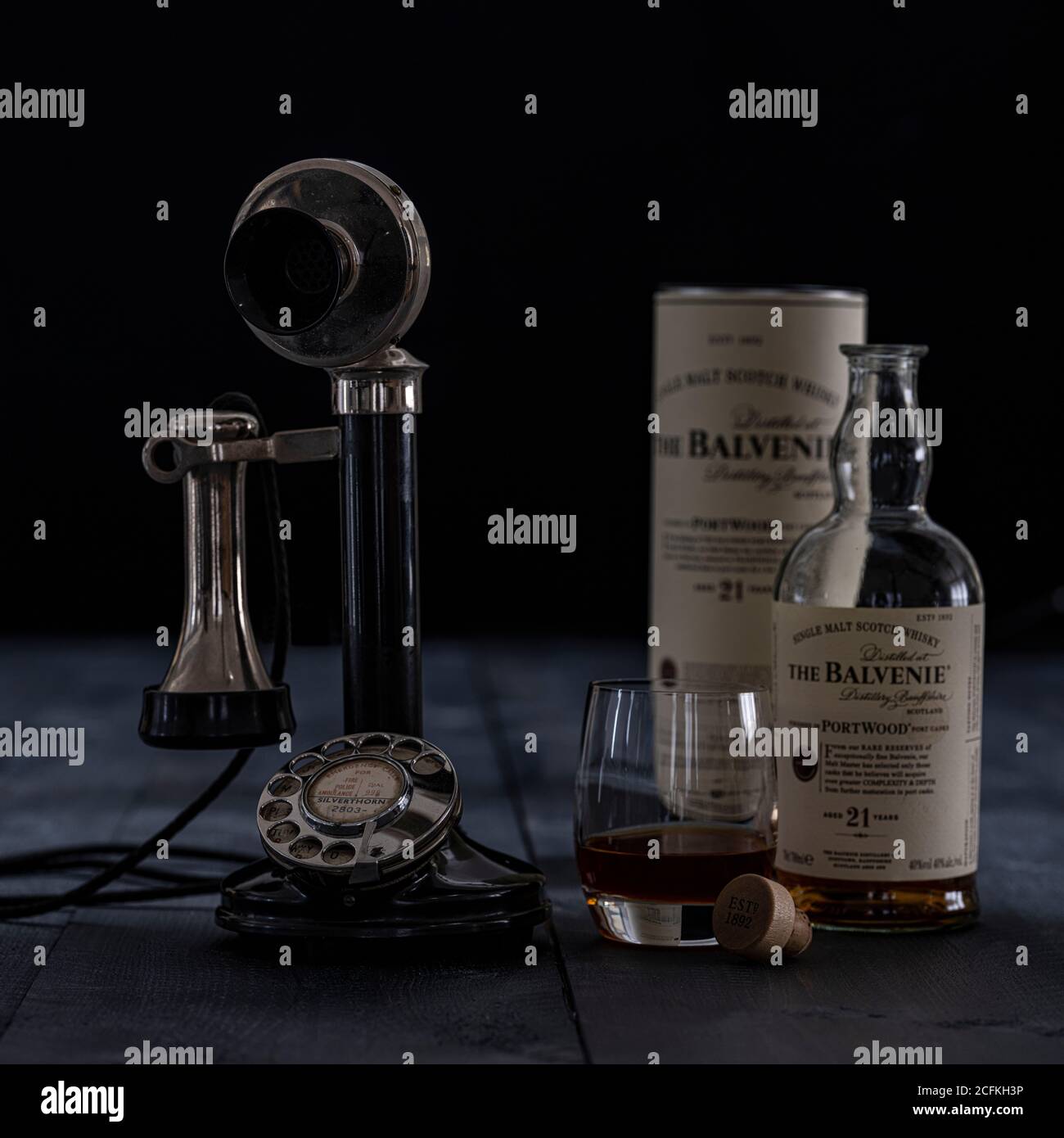 Bottle of Balvenie Malt Whiskey with Balvenie glass and retro vintage ...