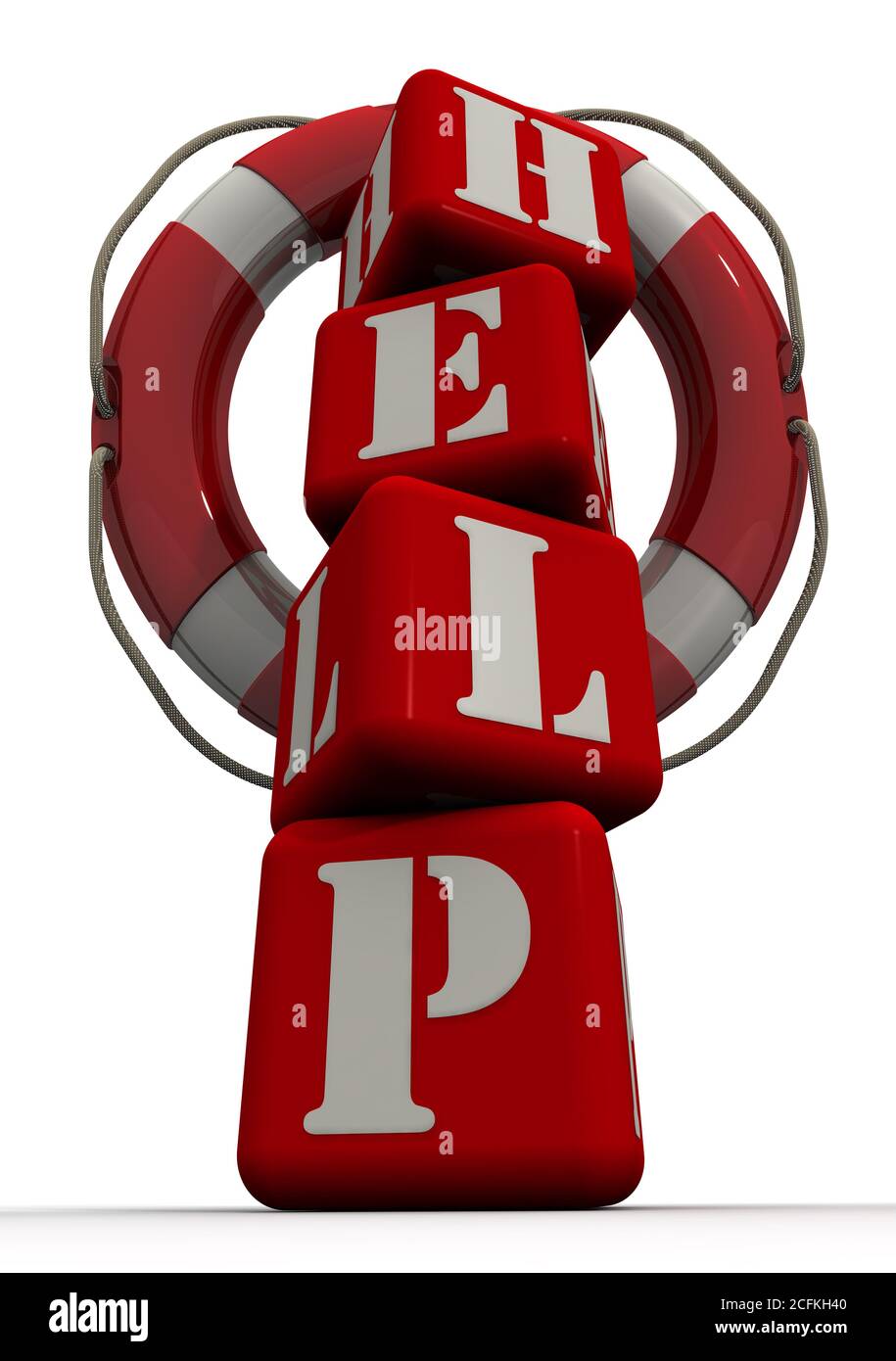 Lifebuoy and the word HELP. Lifebuoy hanging on the word HELP of red ...