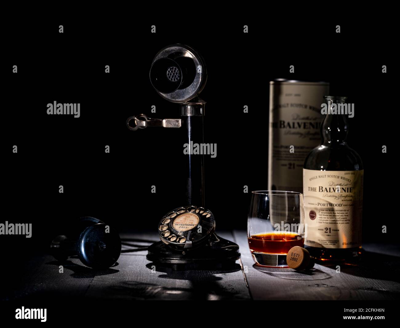 Bottle of Balvenie Malt Whiskey with Balvenie glass and retro vintage ...