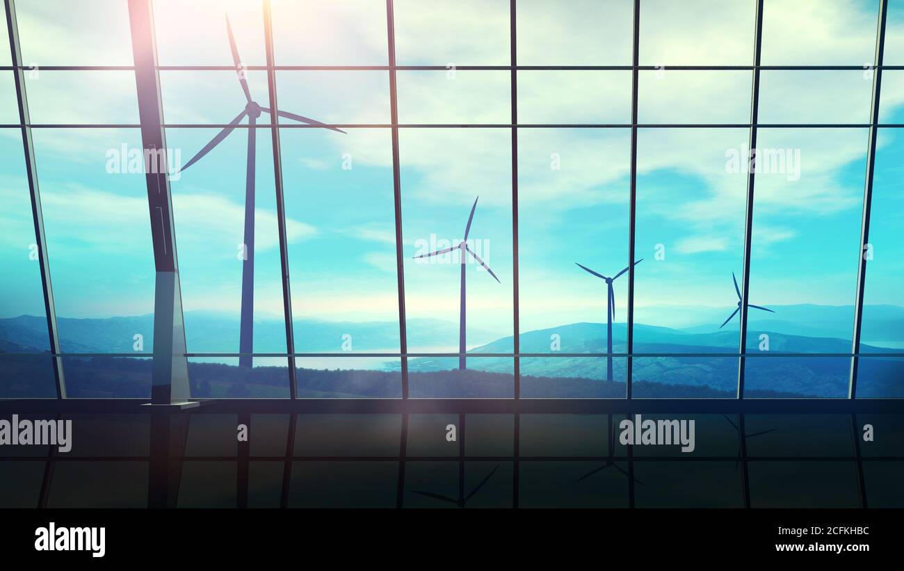 Panoramic window overlooking a landscape with wind farms Stock Photo ...