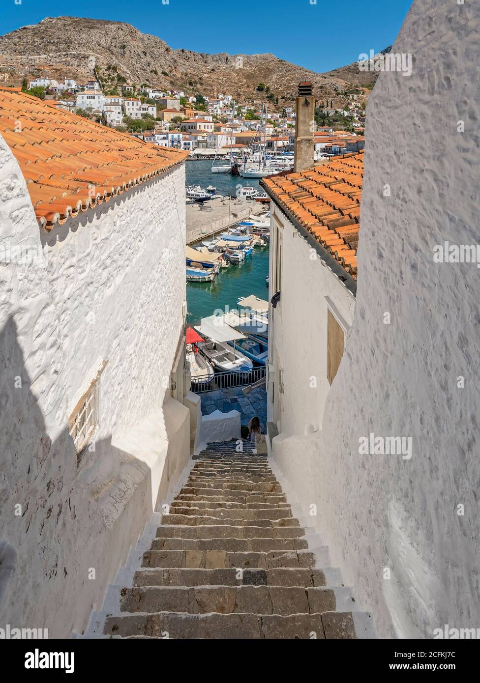 Stairway with a View, Hydra Island, Greece. With a view of the port ...