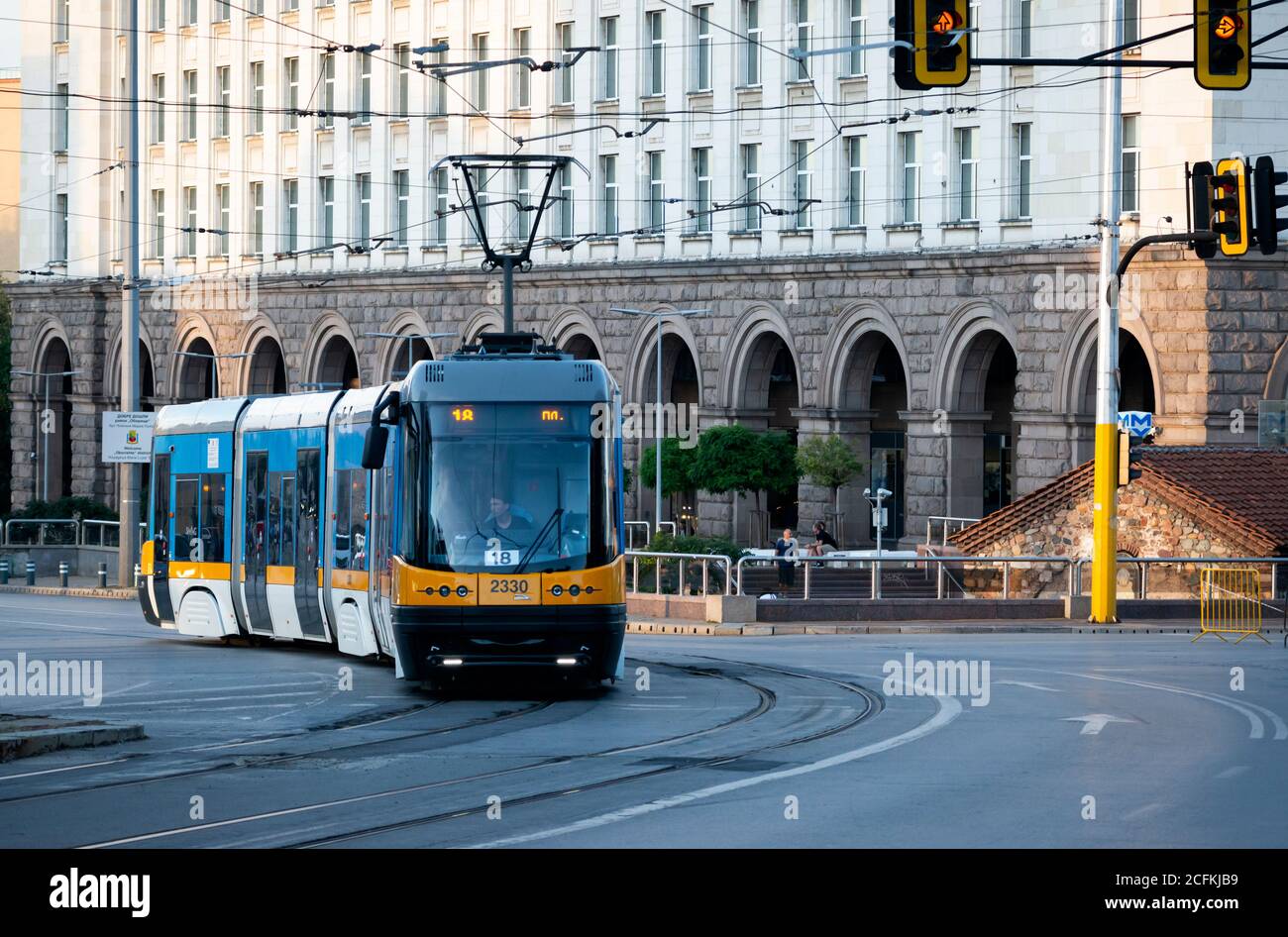 Single PESA 122 NaSF tram on empty street with no cars in downtown ...