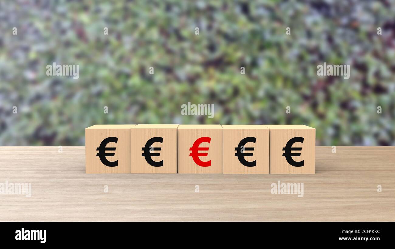 euro sign symbol word wooden cubes on table horizontal over blur ...
