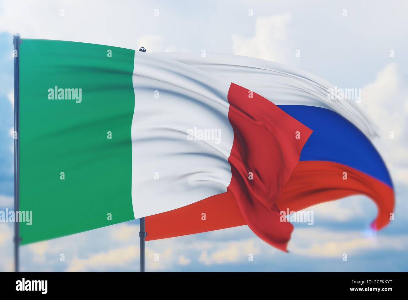 Waving Russian flag and flag of Italy. Closeup view, 3D illustration ...