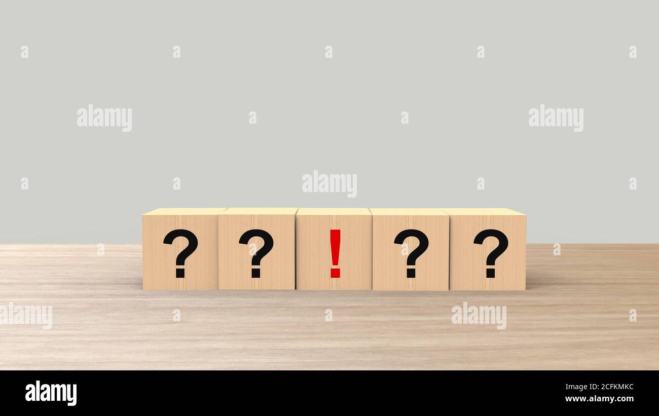 red exclamation mark and black question marks symbols word Wooden cubes ...