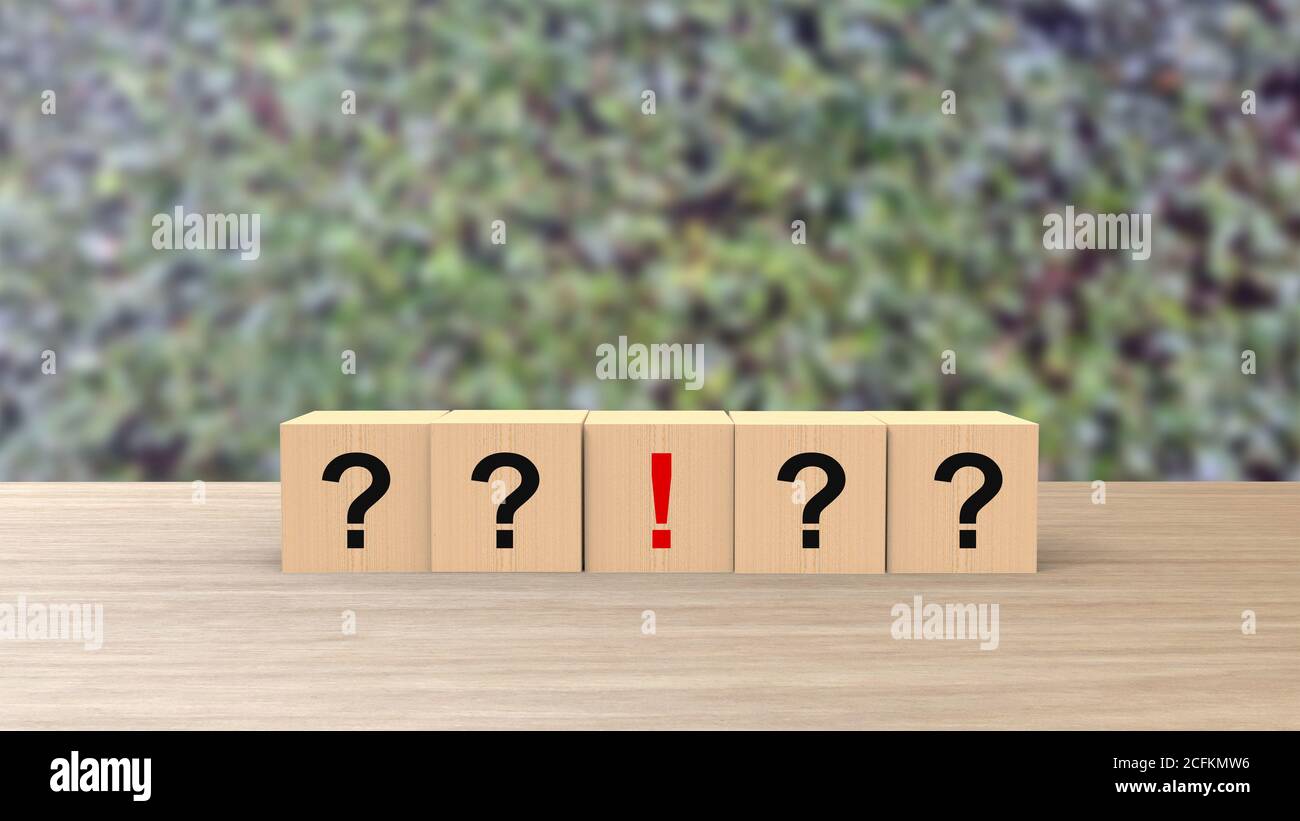 red exclamation mark and black question marks symbols word Wooden cubes ...