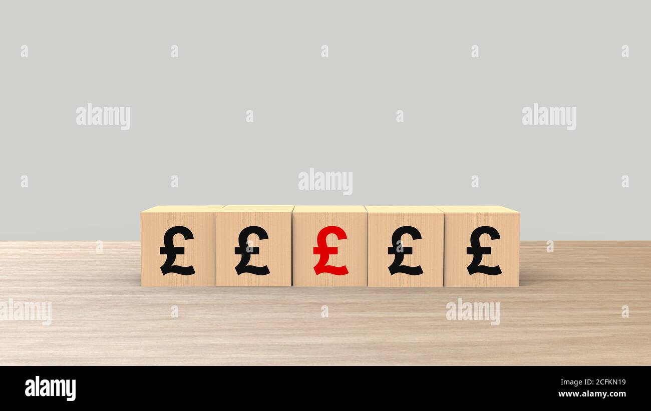 £ pound lira sign symbol Wooden cubes on table horizontal gray light ...