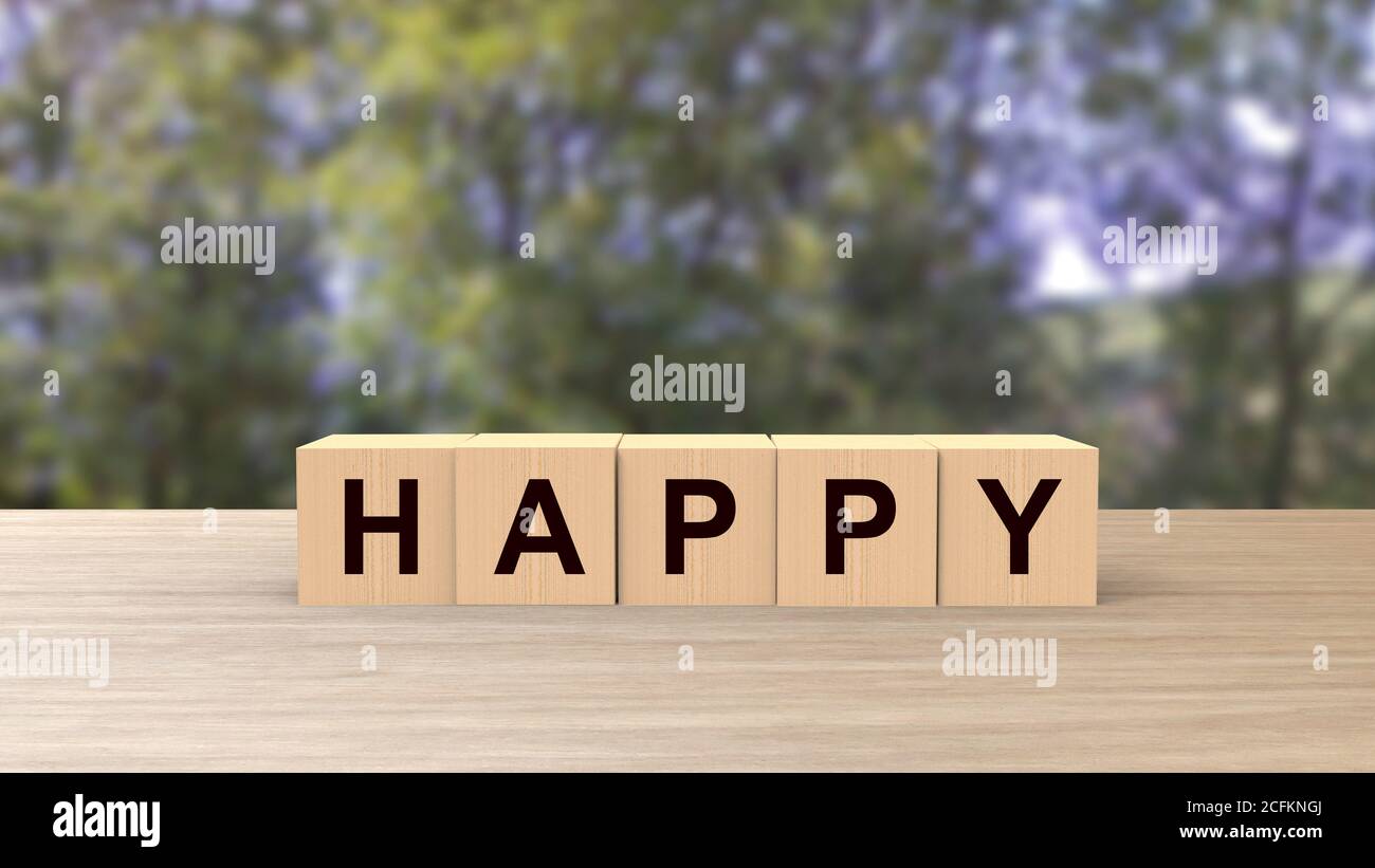 Happy word Wooden cubes on table horizontal over blur background with ...