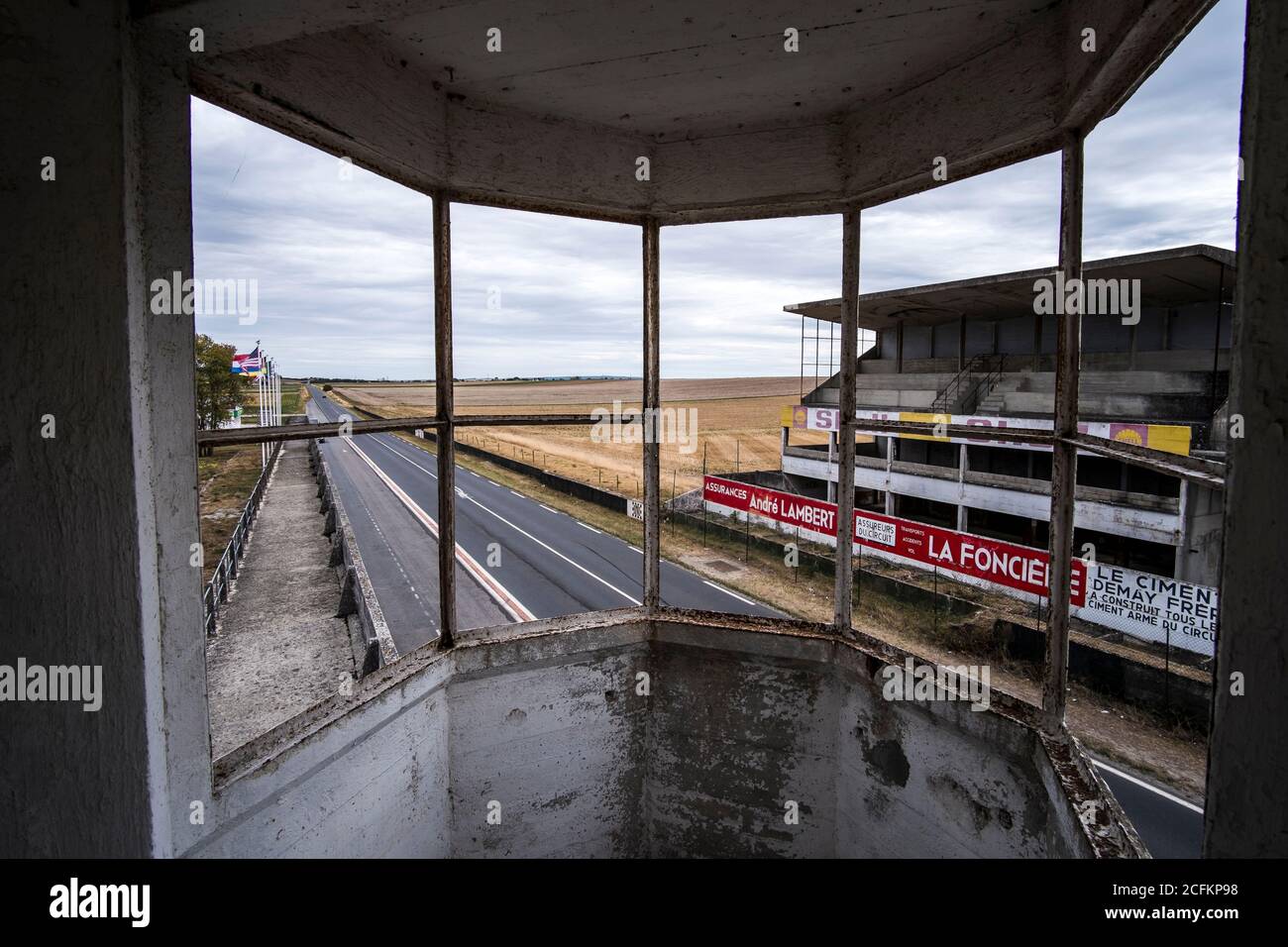 A view of the pit buildings and track at the former Formula One race ...