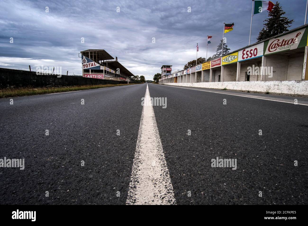 A view of the pit buildings and track at the former Formula One race ...