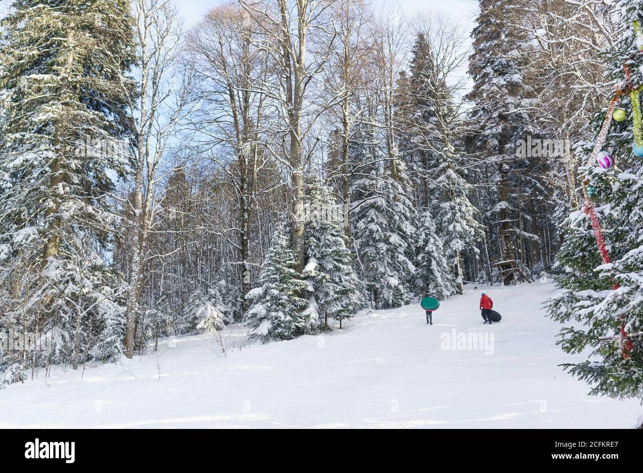 kids and adults climb into the chute on an inflatable tubing. Sunny ...