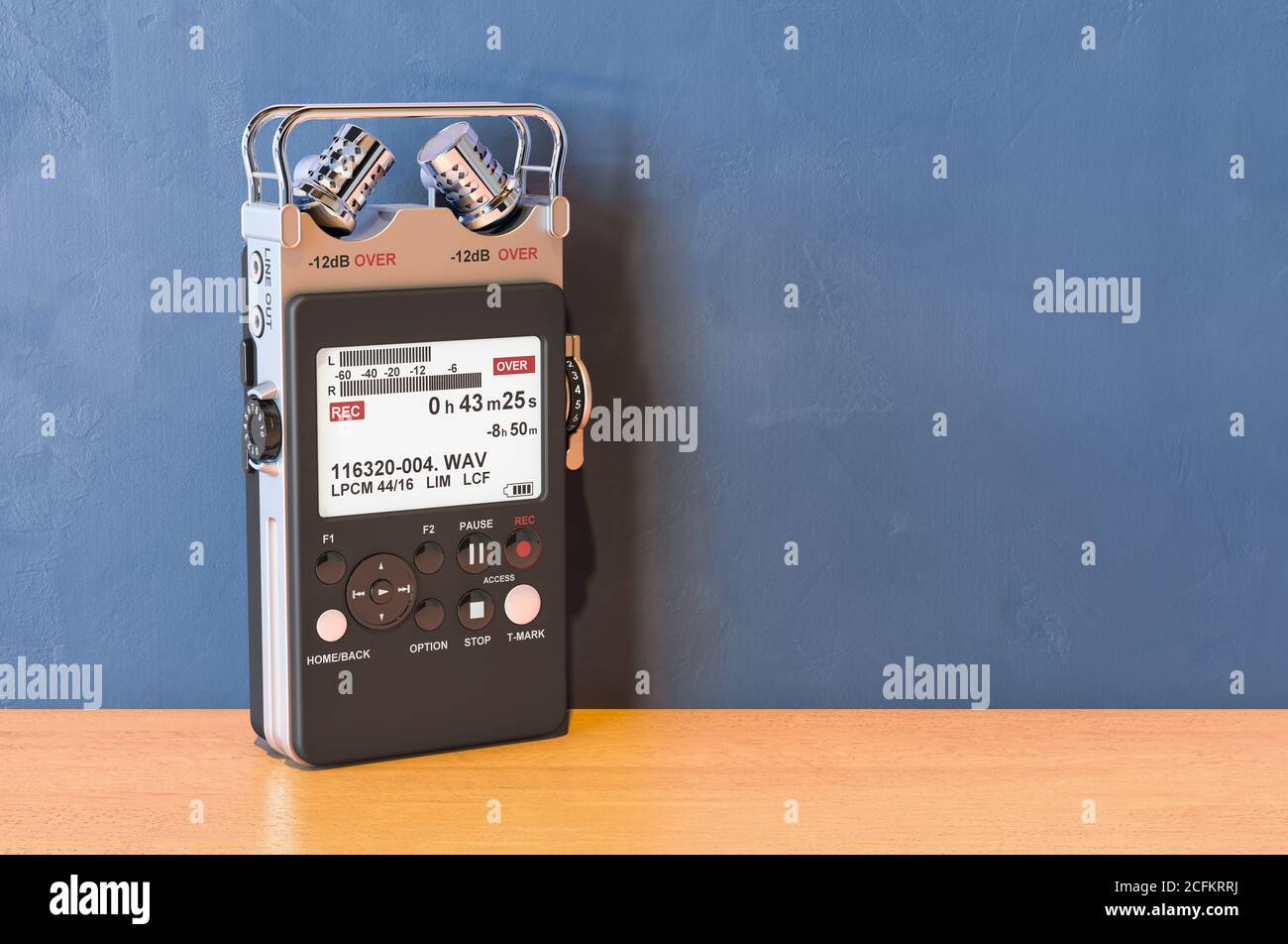 Digital voice recorder, dictaphone on the wooden table. 3D rendering ...