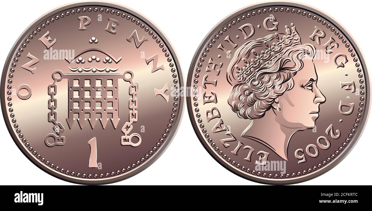 Vector british money bronze coin One penny, crowned portcullis with ...