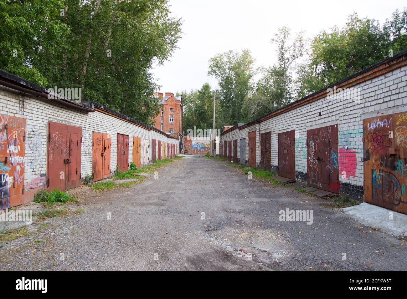Garages in Russia. Garage complex for parking. Brick garages with metal ...
