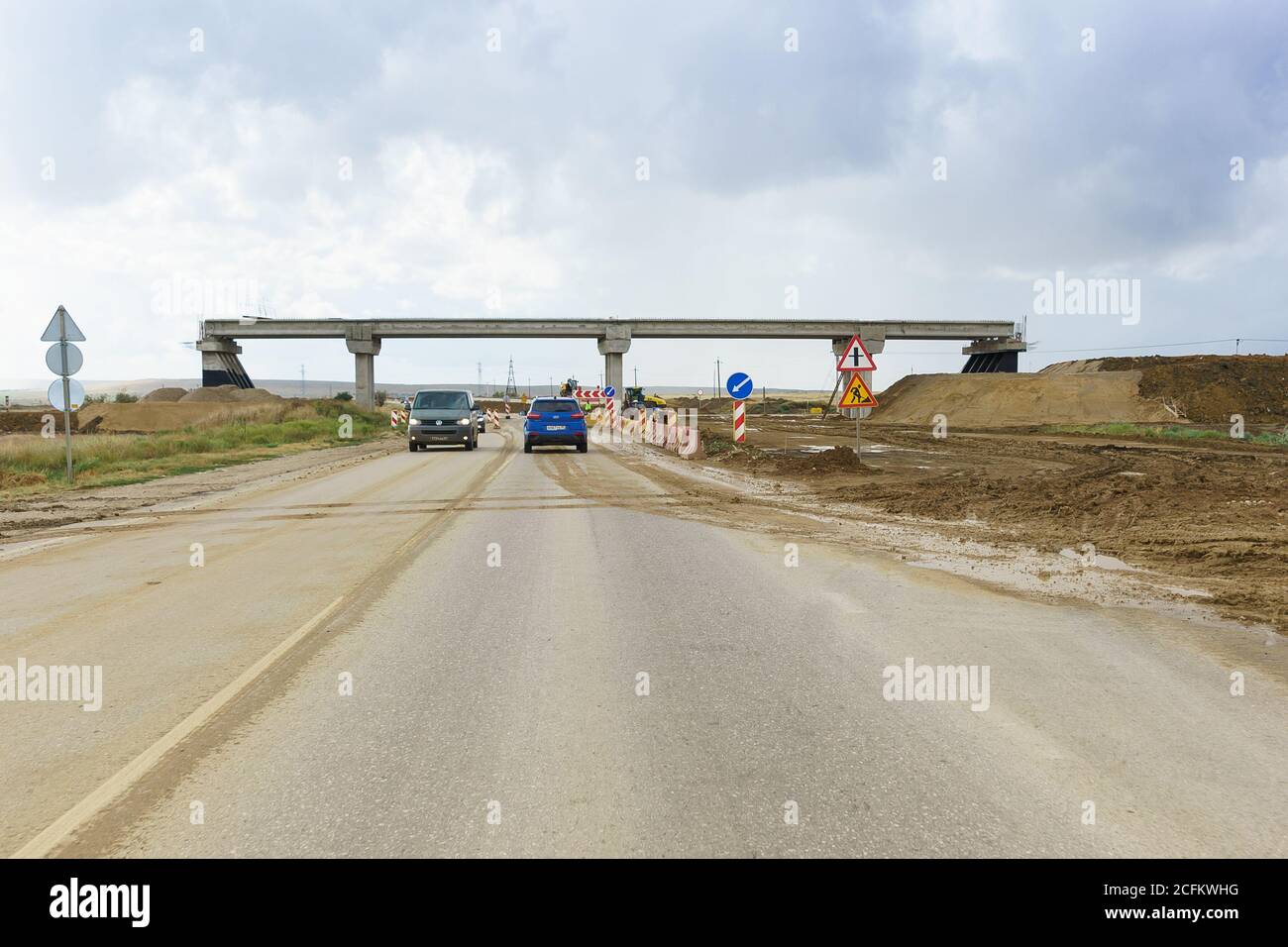 Tavrida highway, Crimea, Russia-September 07, 2018: construction of a ...