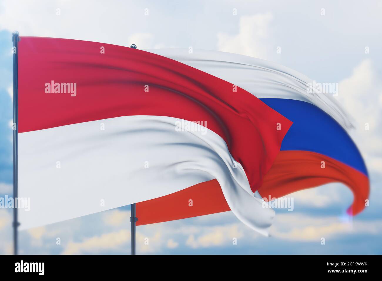 Waving Russian flag and flag of Monaco. Closeup view, 3D illustration ...