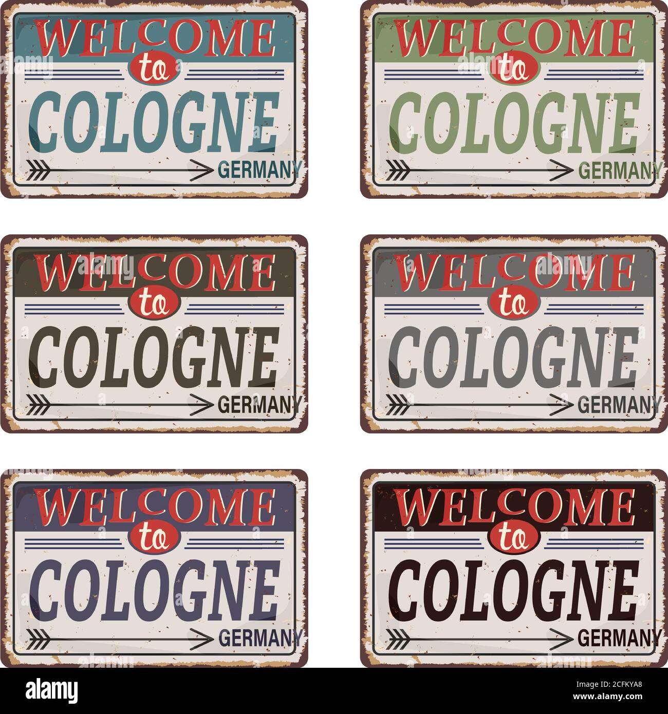 Vintage tin sign collection with Cologne. Retro souvenirs or postcard ...