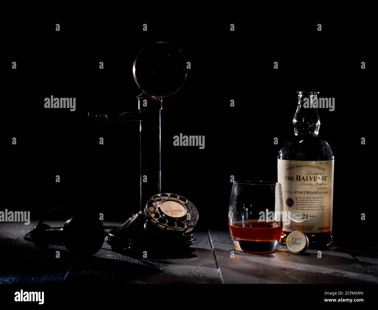 Bottle of Balvenie Malt Whiskey with Balvenie glass and cork and retro ...