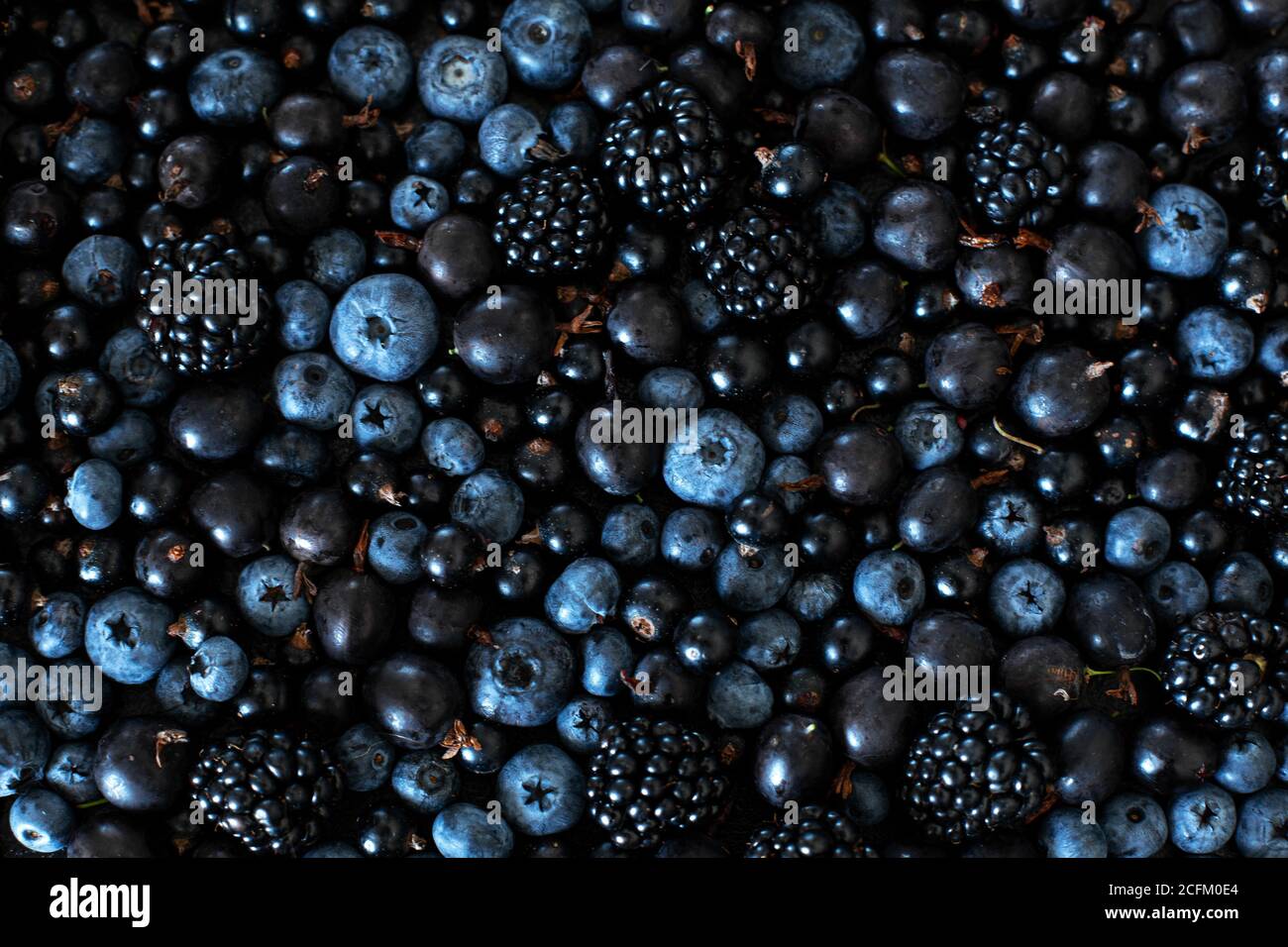 Mix set layout of different types of black berries on a black table ...