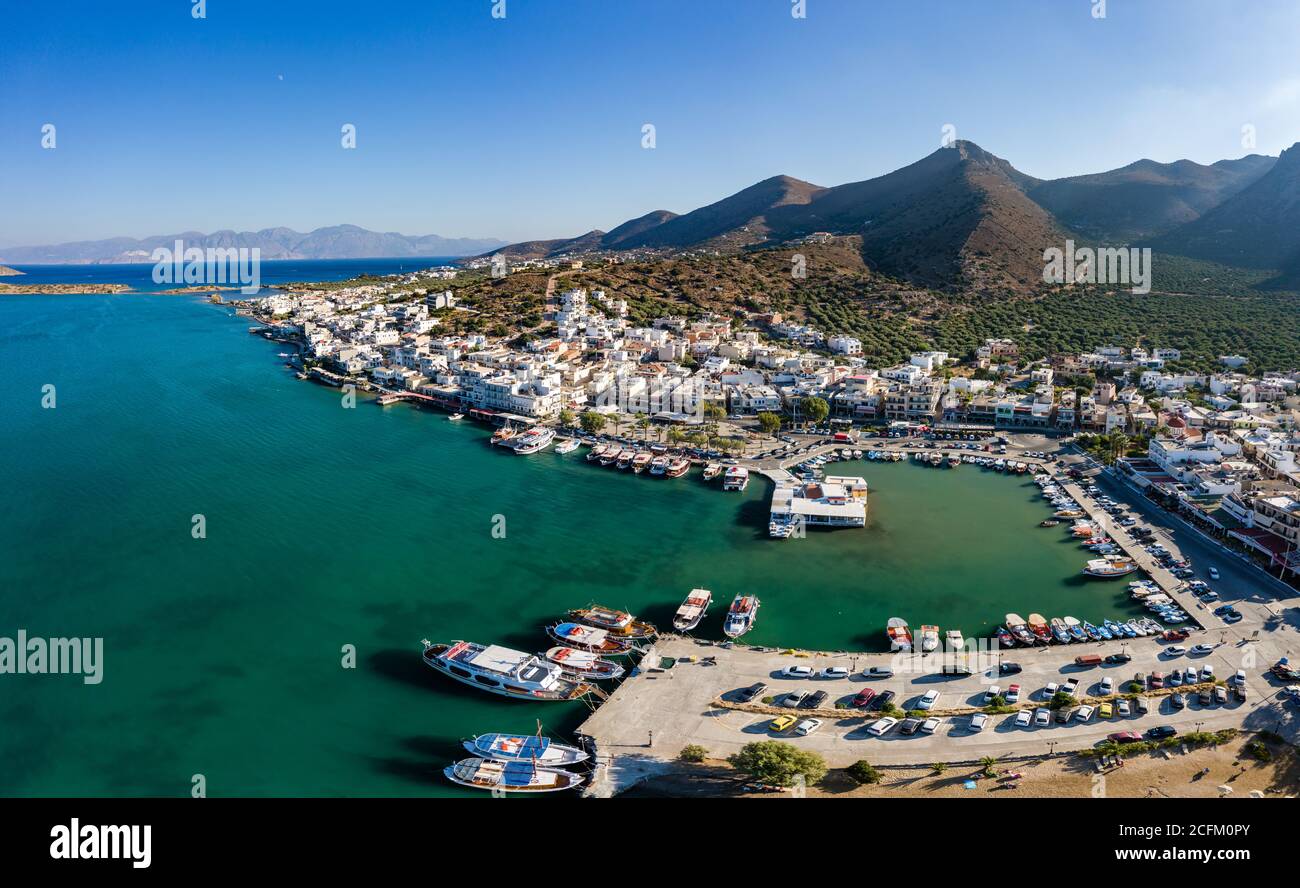 ELOUNDA, CRETE, GREECE - 27 AUGUST 2020: Aerial view of the harbor in ...