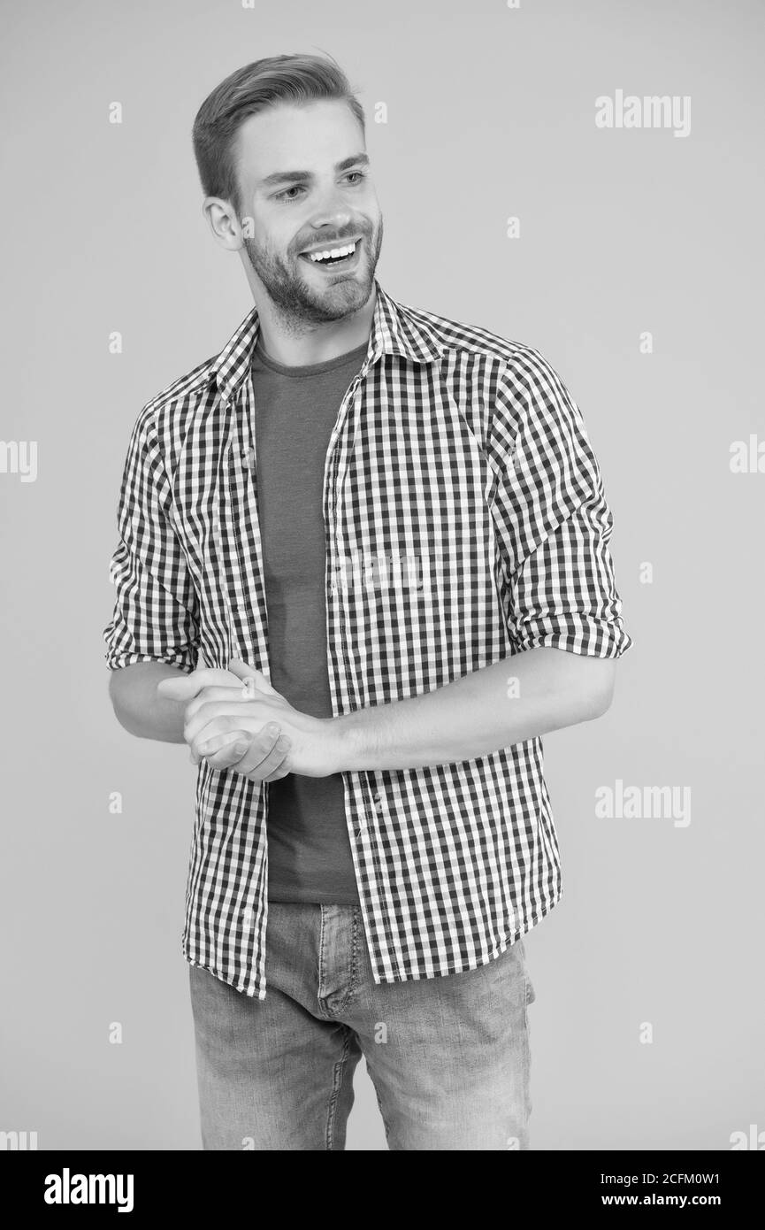 Kind person. Cheerful mood. Man looks handsome in casual style. Guy ...