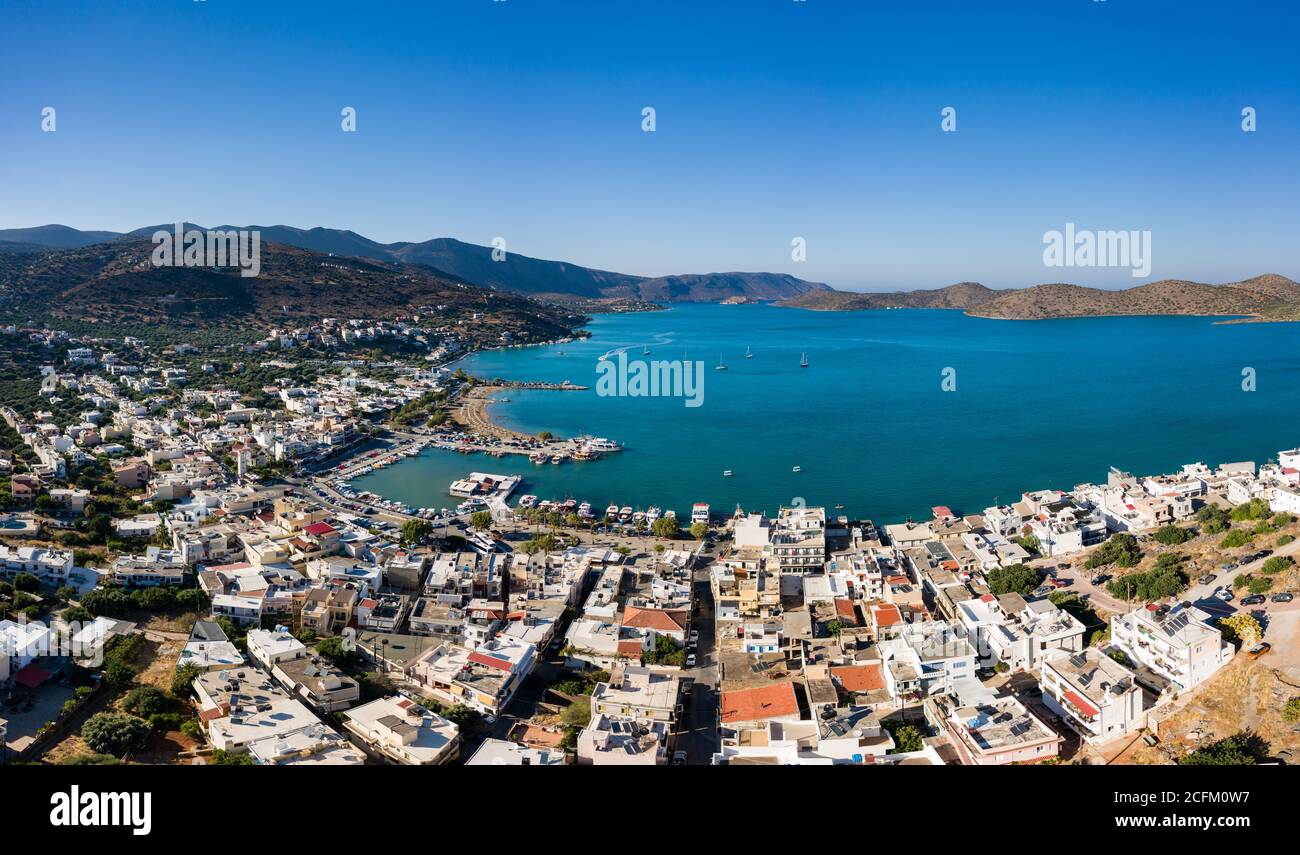 ELOUNDA, CRETE, GREECE - 22 AUGUST 2020: Panoramic aerial view of the ...