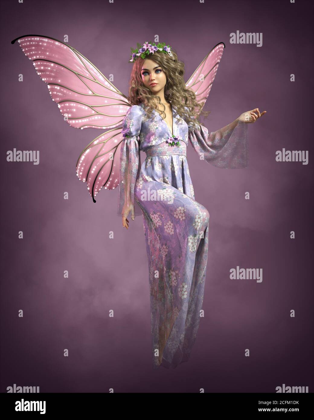 3d computer graphics of a fairy in a purple dress and pink butterfly ...