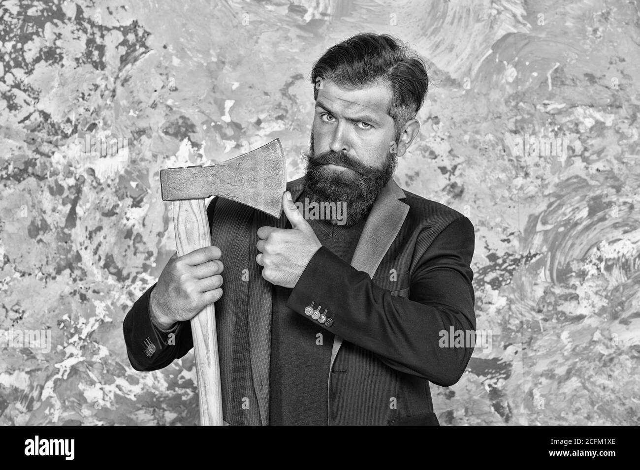 Retro shaving. Bearded man hold sharp axe. Retro razor blade. Brutal ...