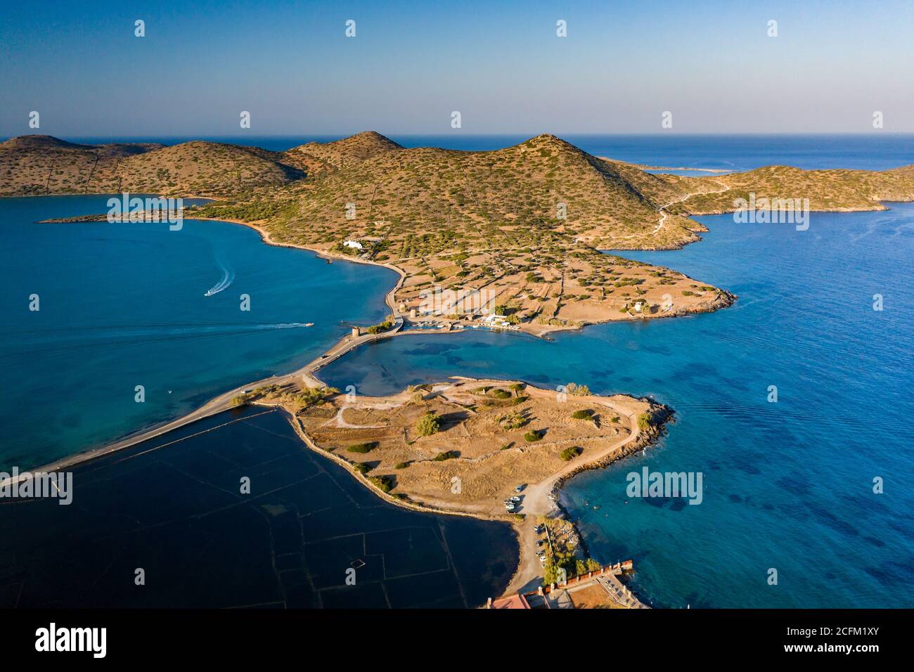 Aerial view of Elounda in Crete showing the sunken remains of the ...
