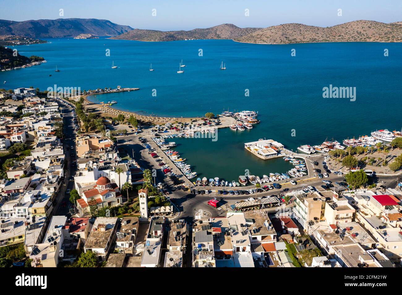 ELOUNDA, CRETE, GREECE - 22 AUGUST 2020: Aerial view of the popular ...