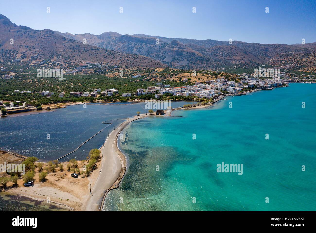 Aerial view showing the causeway connecting Elounda to Kolokitha island ...