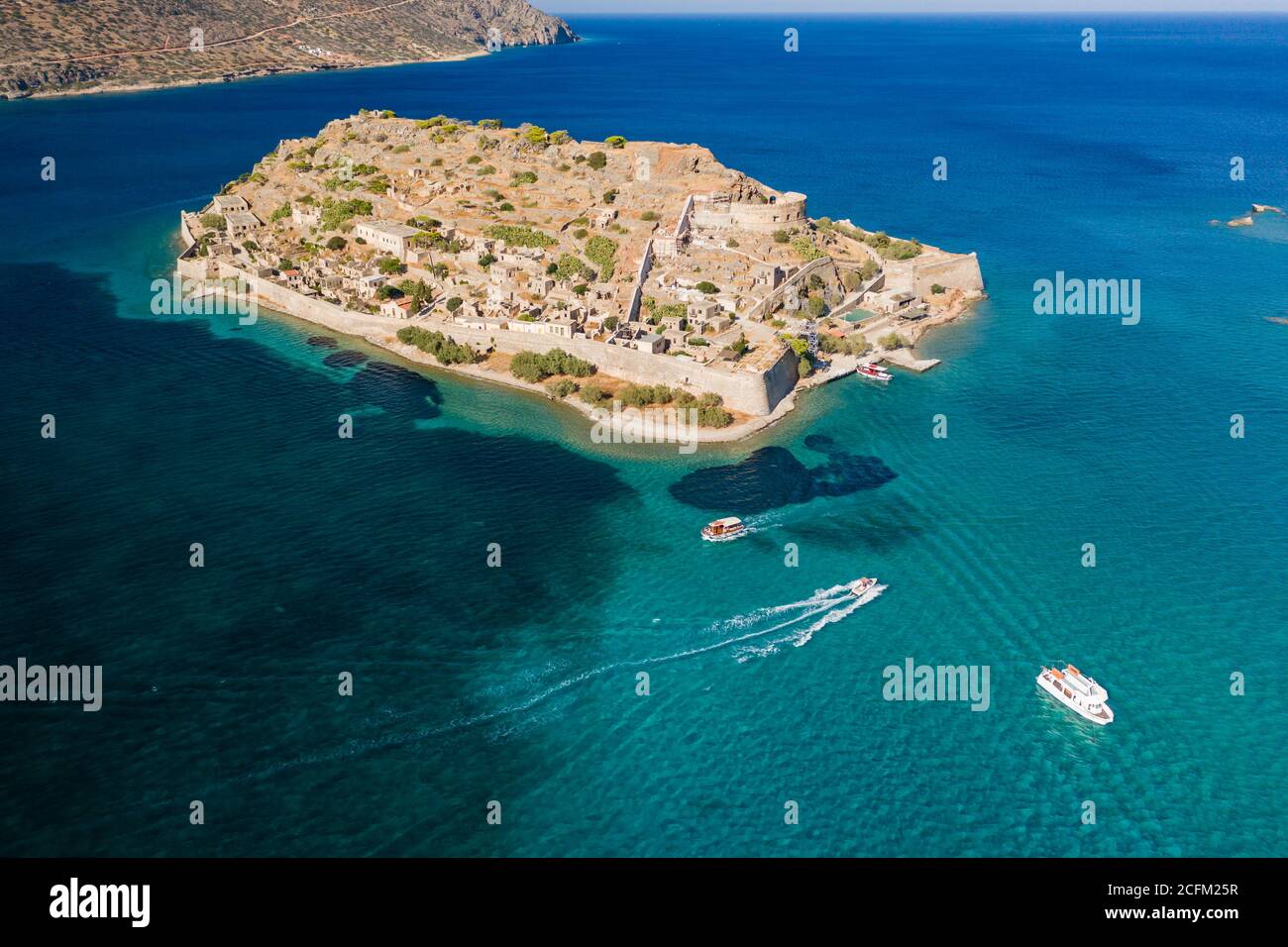 Aerial view of the ancient ruined Venetian fortress of Spinalonga ...
