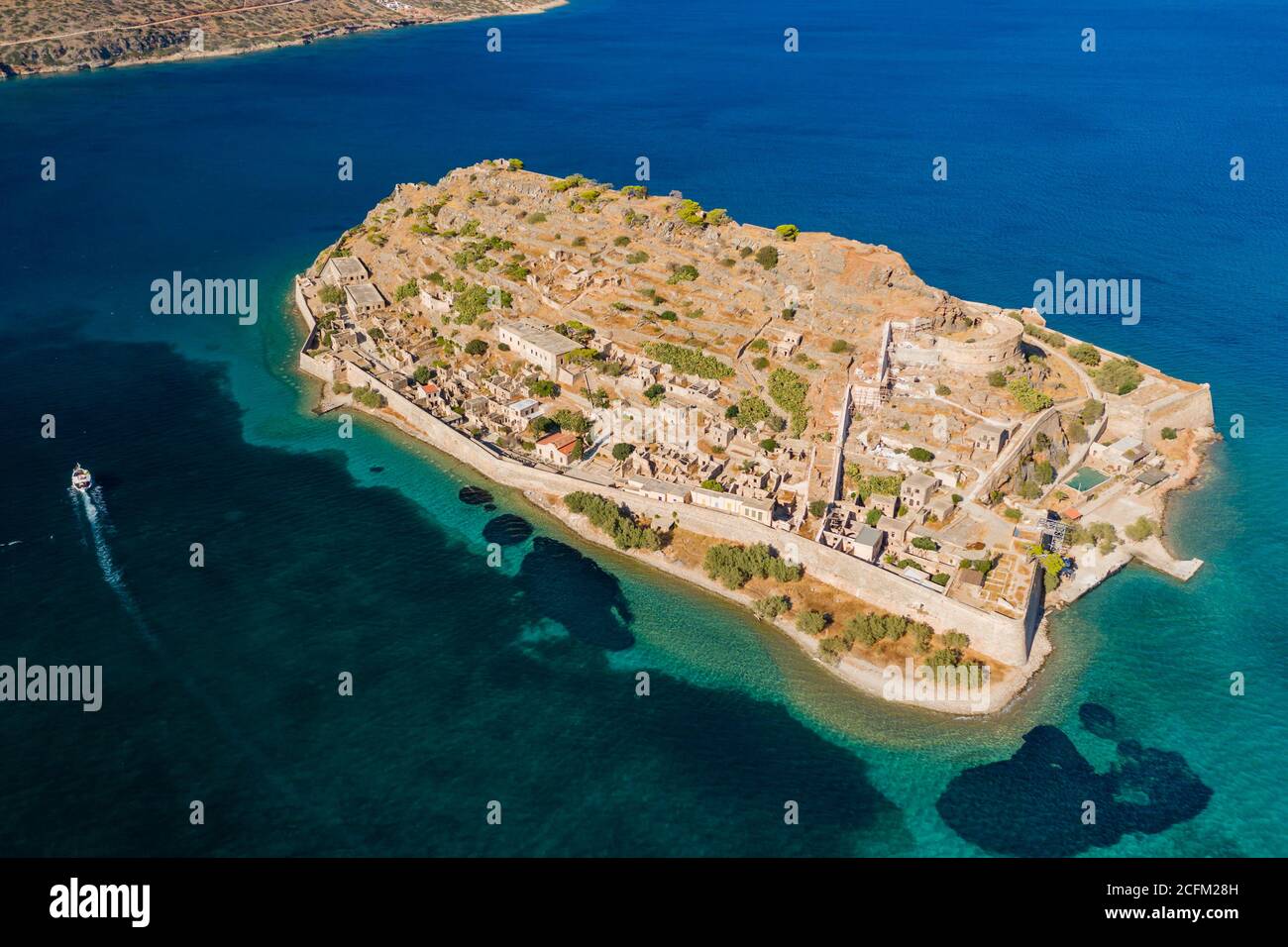 Aerial view of the ancient ruined Venetian fortress of Spinalonga ...