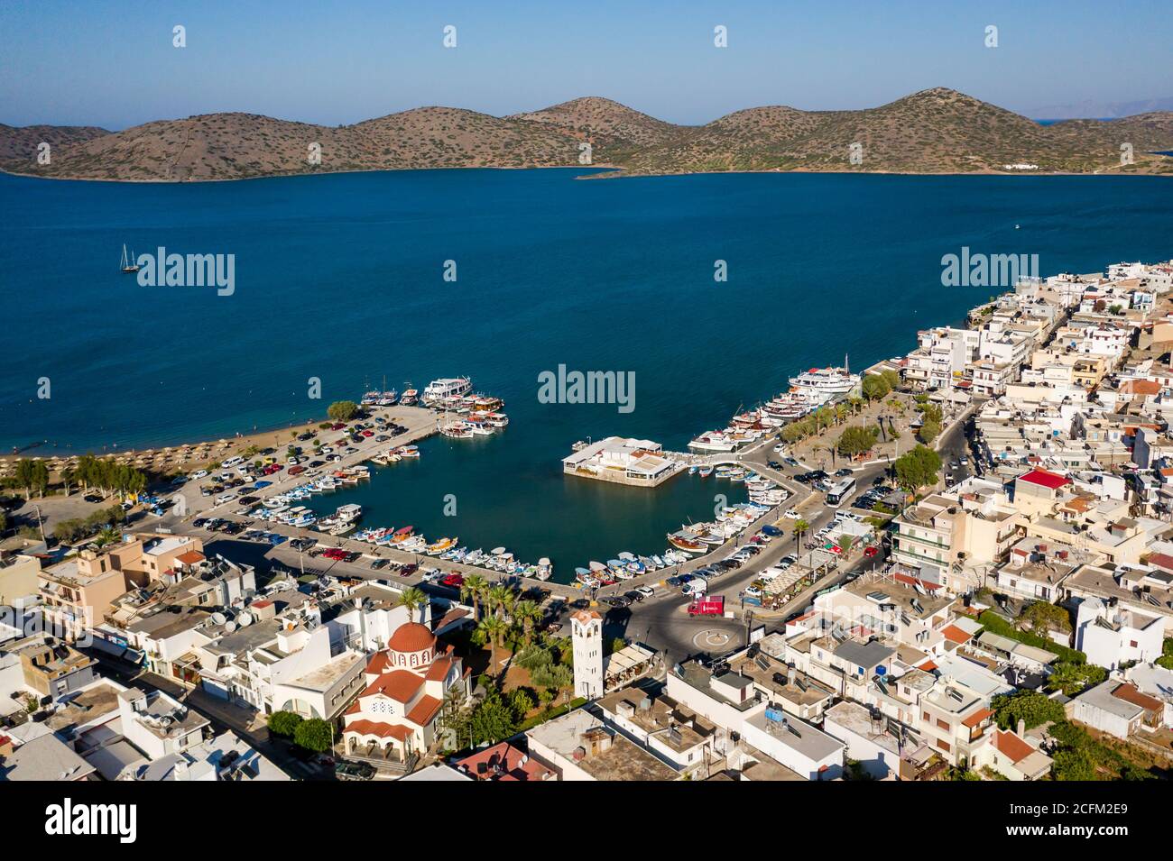 ELOUNDA, CRETE, GREECE - 22 AUGUST 2020: Aerial view of the popular ...