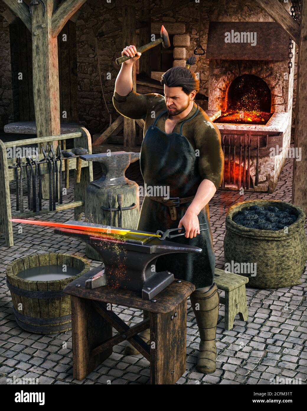 Blacksmith at work outside his shop in a medieval European village, 3d ...