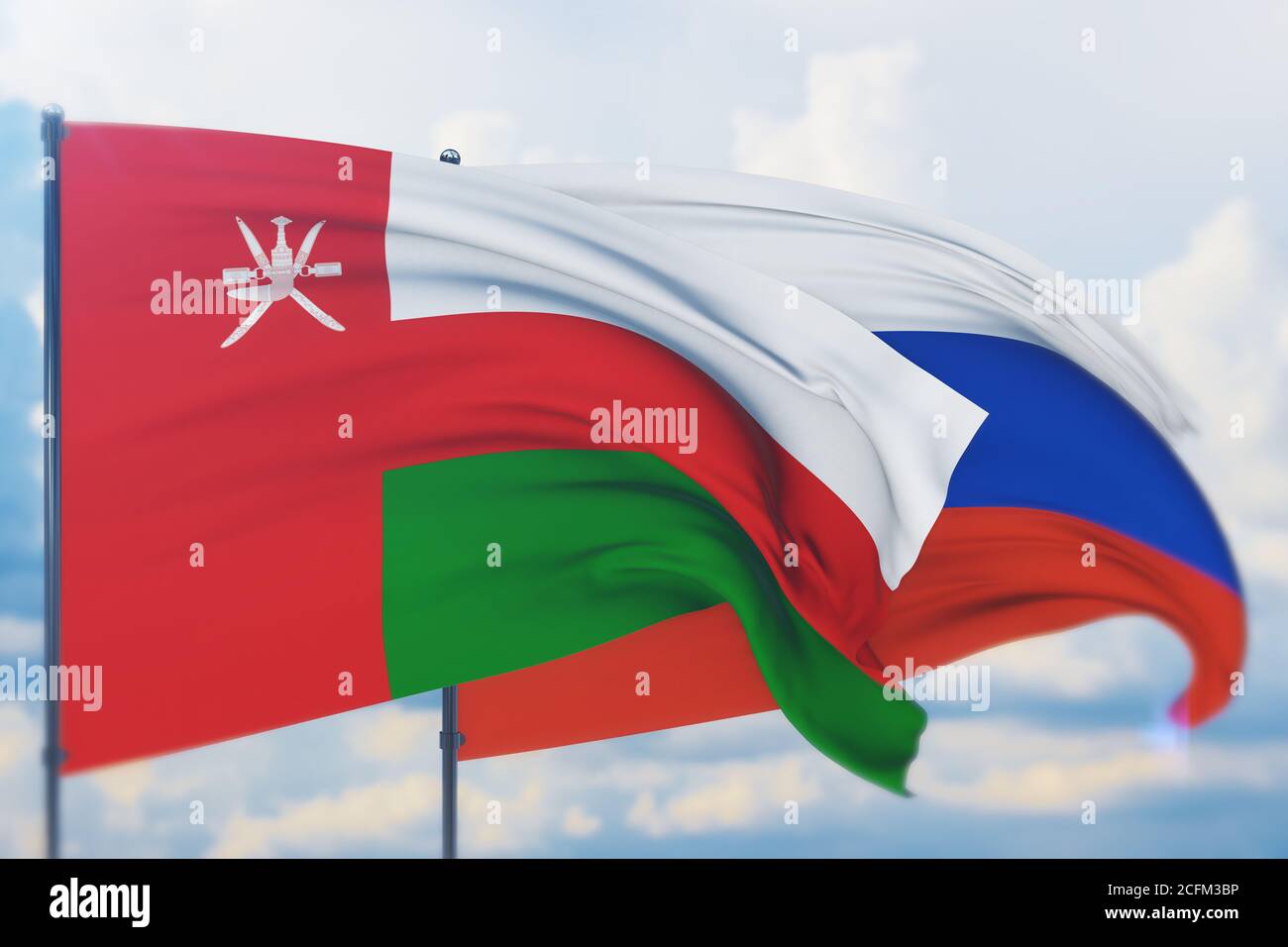 Waving Russian flag and flag of Oman. Closeup view, 3D illustration ...