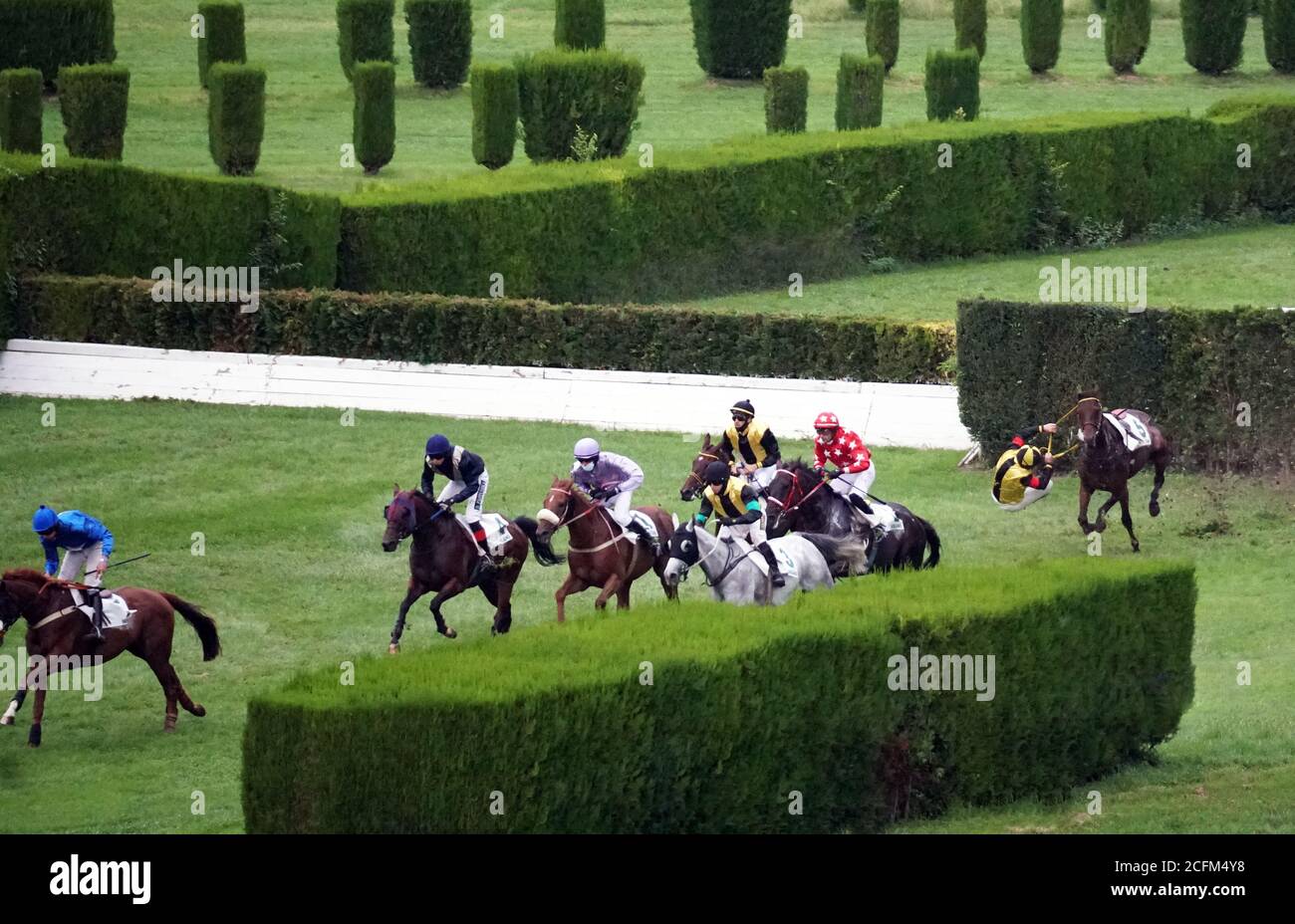 A jockey falling from a horse at the race while others running further ...