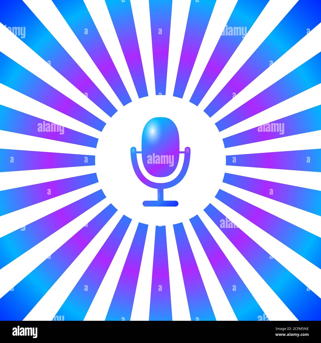 Microphone icon in white circle on striped neon backdrop background. On ...