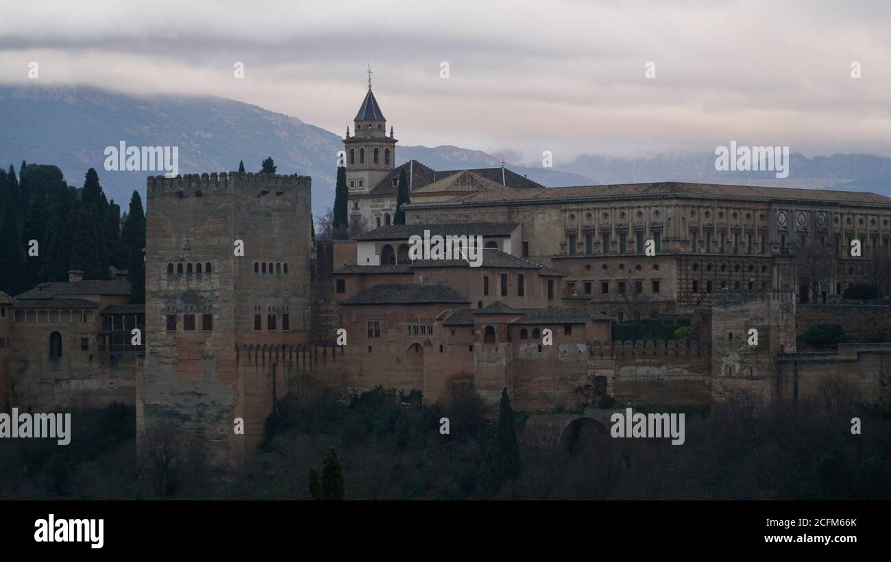 La Alhambra Castle and Fortress complex during night in Granada ...