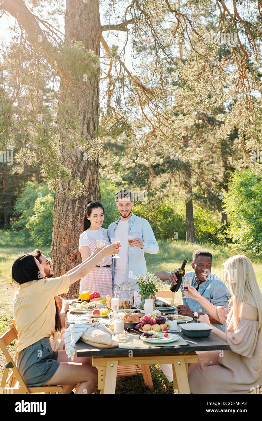 Three multicultural couples clinking with glasses of wine over served ...